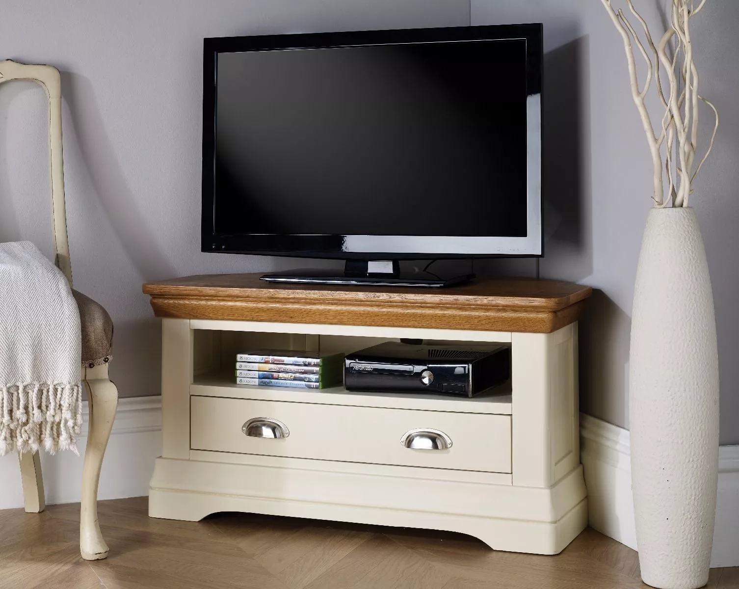Farmhouse Cream Painted Corner TV Unit Free Delivery Top Furniture